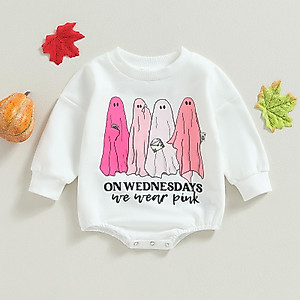 Karuedoo Halloween Baby Boy Girl Clothes Pumpkin Romper Sweatshirt Romper Crewneck Oversized Long Sleeve Bodysuit Outfit (On Wednesdays We Wear Pink, 0-3 Months)