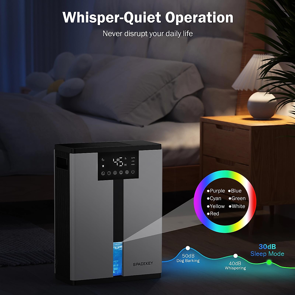 Dehumidifier,106 OZ / 850 Sq. Ft Dehumidifiers for Home Basement Bedroom Bathroom Room RV Closet with Intelligent Humidity Control, 4 Speeds, Timer, Auto Shut Off, 7 Colorful Light, White