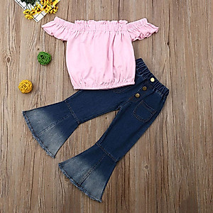 preetyyou Toddler Baby Girl Clothes Off Shoulder Tube Top Shirt Bell Bottom Jeans Pants Summer Outfits (Pink, 1-2T)