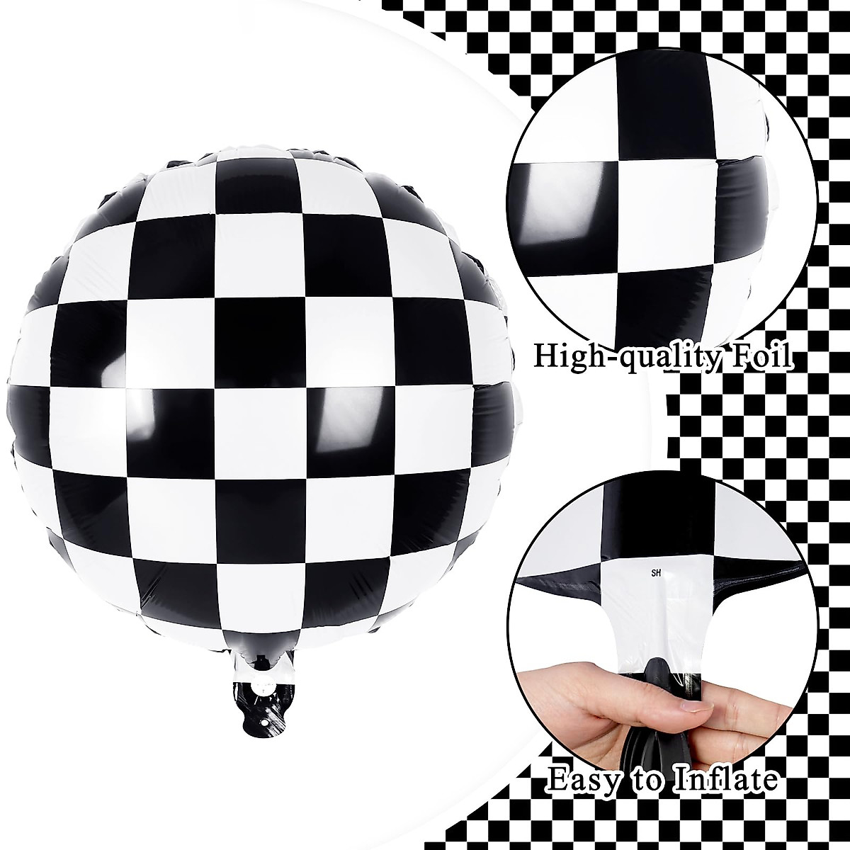 Checkered Balloons, 12 Pcs Checkered Racing Foil Balloons, 18 Inch Black and White Checkerboard Mylar Balloons for Race Car Birthday Party Supplies Decoration