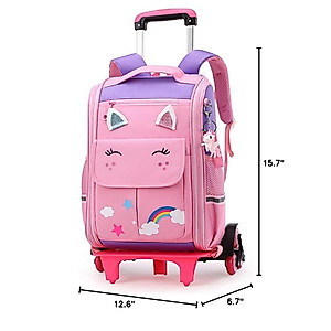 Tanou Girls Rolling Backpack with 6 Wheels, 16 Inch Lightweight Roller Backpacks for Girls Elementary, Carry-on Wheeled Backpack for School Travel, Over 4 Years Old, Pink Purple