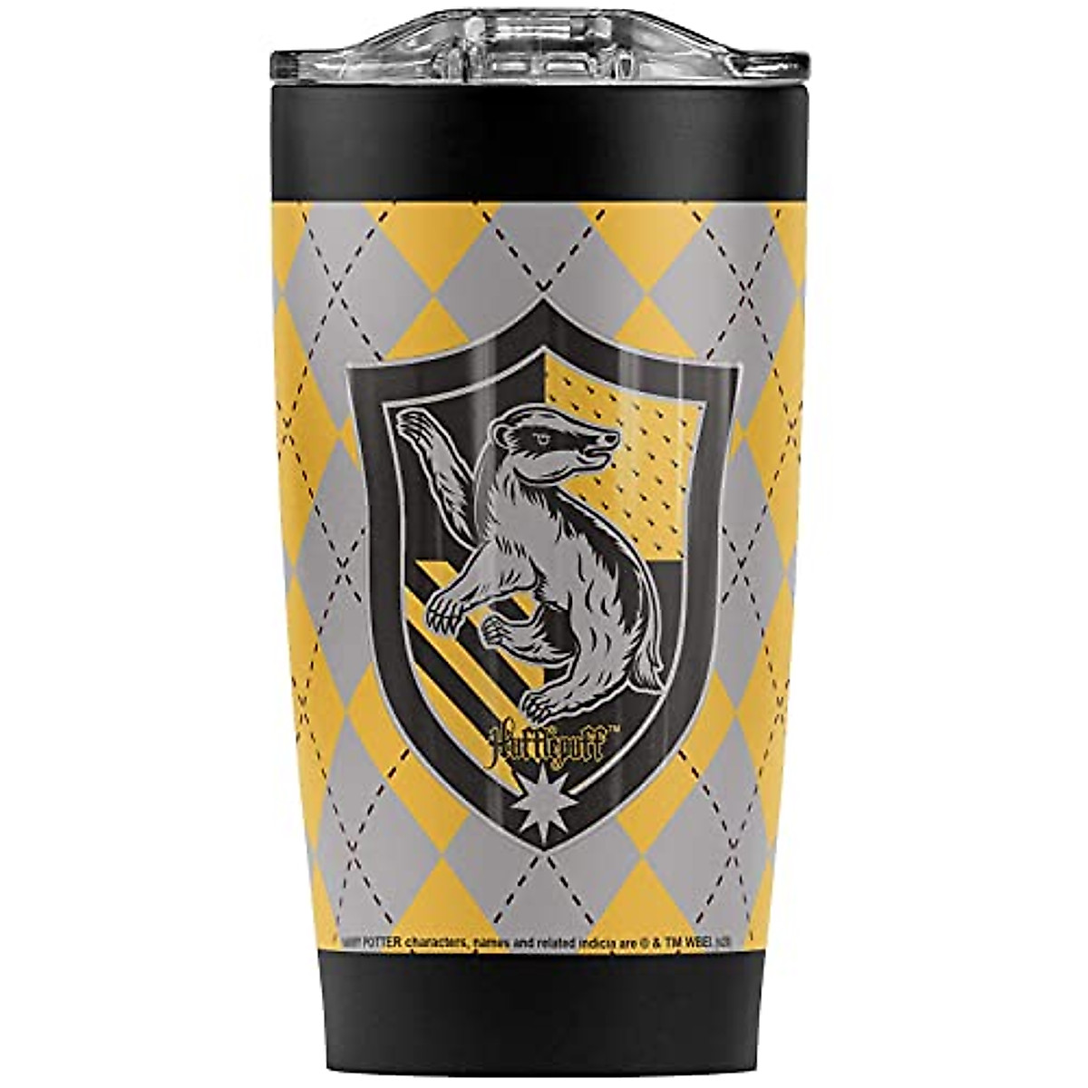 HARRY POTTER/HUFFLEPUFF PLAID SIGIL - Stainless Steel Tumbler 20 oz Coffee Travel Mug/Cup, Vacuum Insulated & Double Wall with Leakproof Sliding Lid | Great for Hot Drinks and Cold Beverages