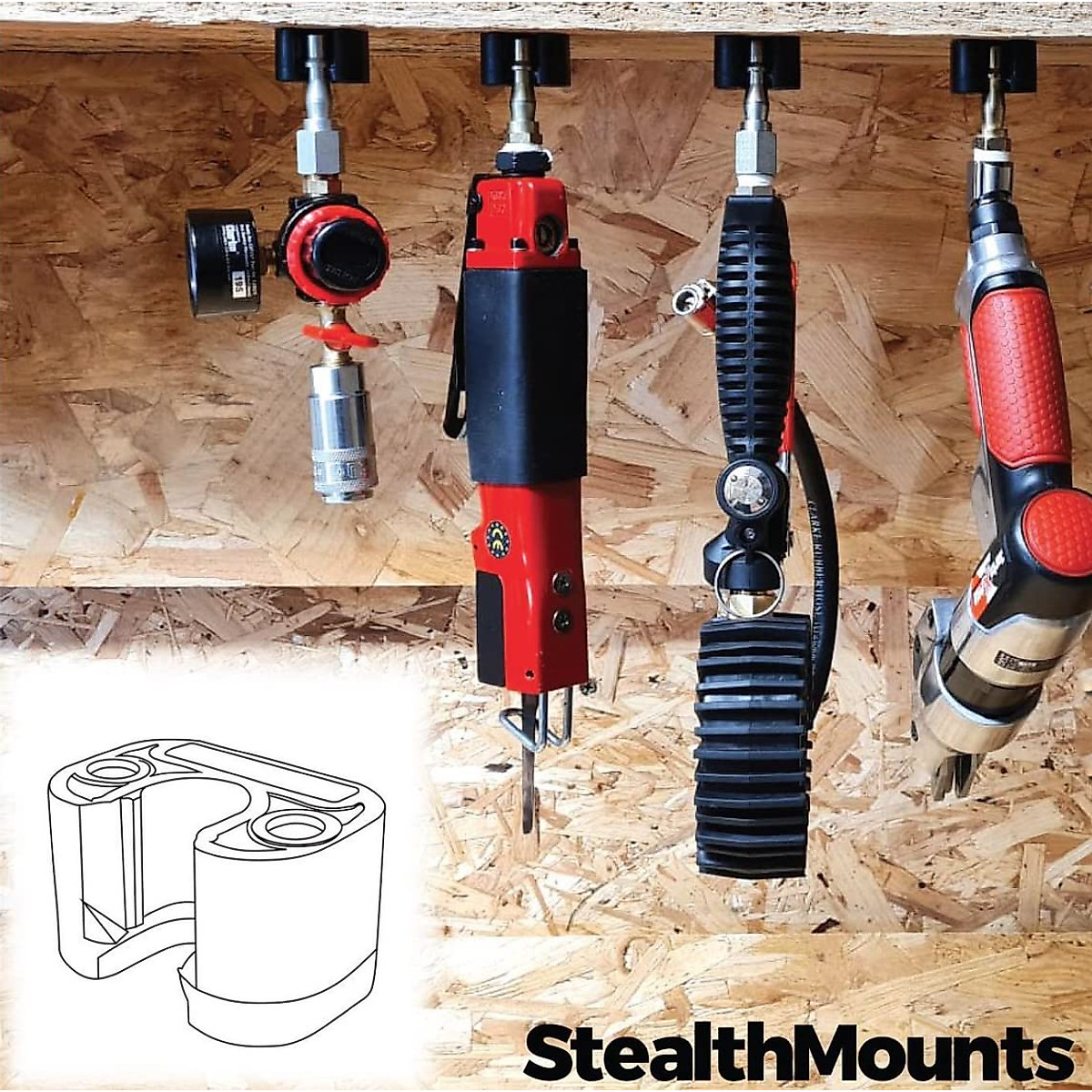 StealthMounts Locking Air Tool Holder - 5 Pack | 1/4" Size Pneumatic Tool Holder | Air Tool Rack | Air Tool Storage | Air Tool Holder Rack | Air Tool Storage Rack | Air Tool Organizer | Made in UK