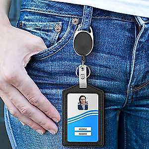2 Pack Badge Holders, Vertical PU Leather ID Badge Card Holder with 1 Clear ID Window, with Detachable Neck Lanyard Strap and Retractable Badge Reel ID Card Holders Set
