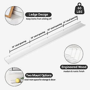 Axeman White Picture Ledge Shelf 72 Inches Long, Floating Shelves for Photo Frame Display, Wall Mounted Floating Shelves with Lip for Kids' Room, Living Room, Home Office - White