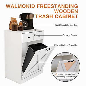 Walmokid White Tilt Out Trash Cabinet, Wooden Kitchen Trash Can Cabinet w/Hideaway Drawers, Dog Proof Trash Can Holder, Free Standing Tilt Out Laundry Hamper 10 Gallon