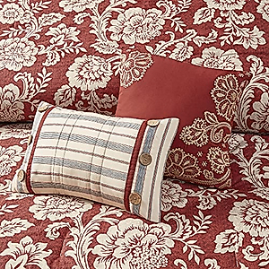Madison Park Lucy 100% Cotton Reversible Duvet Set Beautiful Floral Pattern, Ruffle Border Design All Season, Breathable Comforter Cover Bedding, Matching Shams, Queen(90"x90"), Red 9 Piece