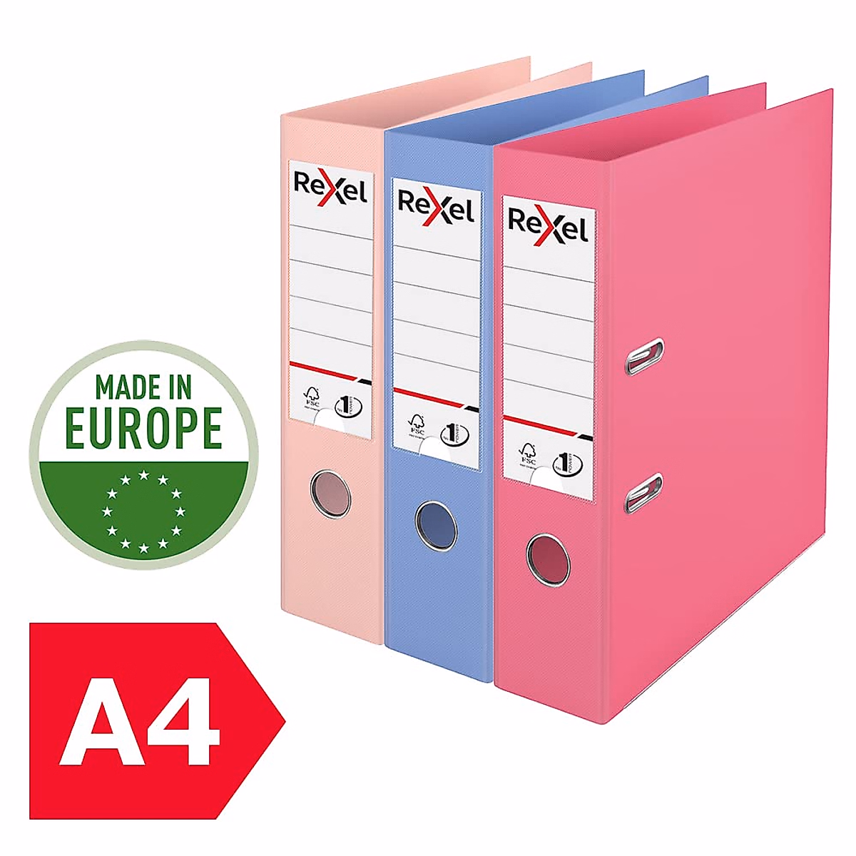 Rexel Pastel Plastic A4 Lever Arch Files, 3 File Folders, Assorted; Pink, Blue & Peach