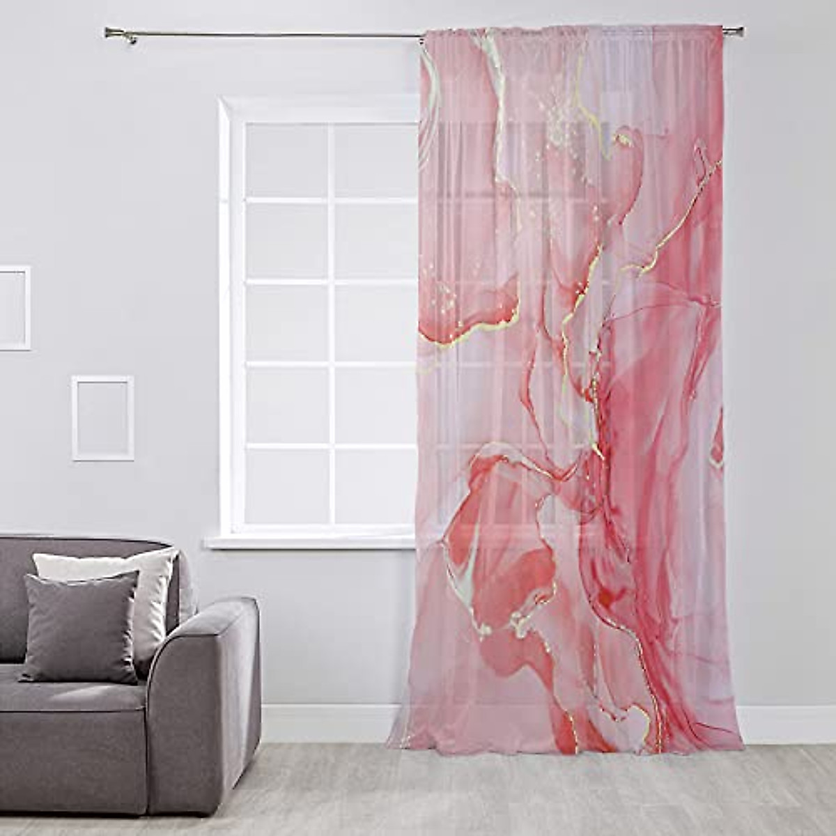 Chiffon Sheer Curtains & Drapes 84 Inch Long, Lightweight Breathable Voile Window Curtain Panels Pink Marble with Gold Glitter Splatter Curtains Backdrop Drapes for Bedroom Livingroom Wedding
