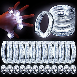 Wettarn 24 Pcs LED Light up Bracelets and LED Flashing Bumpy Rings Set with 12 Glow Bracelets 12 Jelly Bumpy Finger Rings Light up Rings Glow Rings LED Wristband for Wedding Bridal Shower Party Favors
