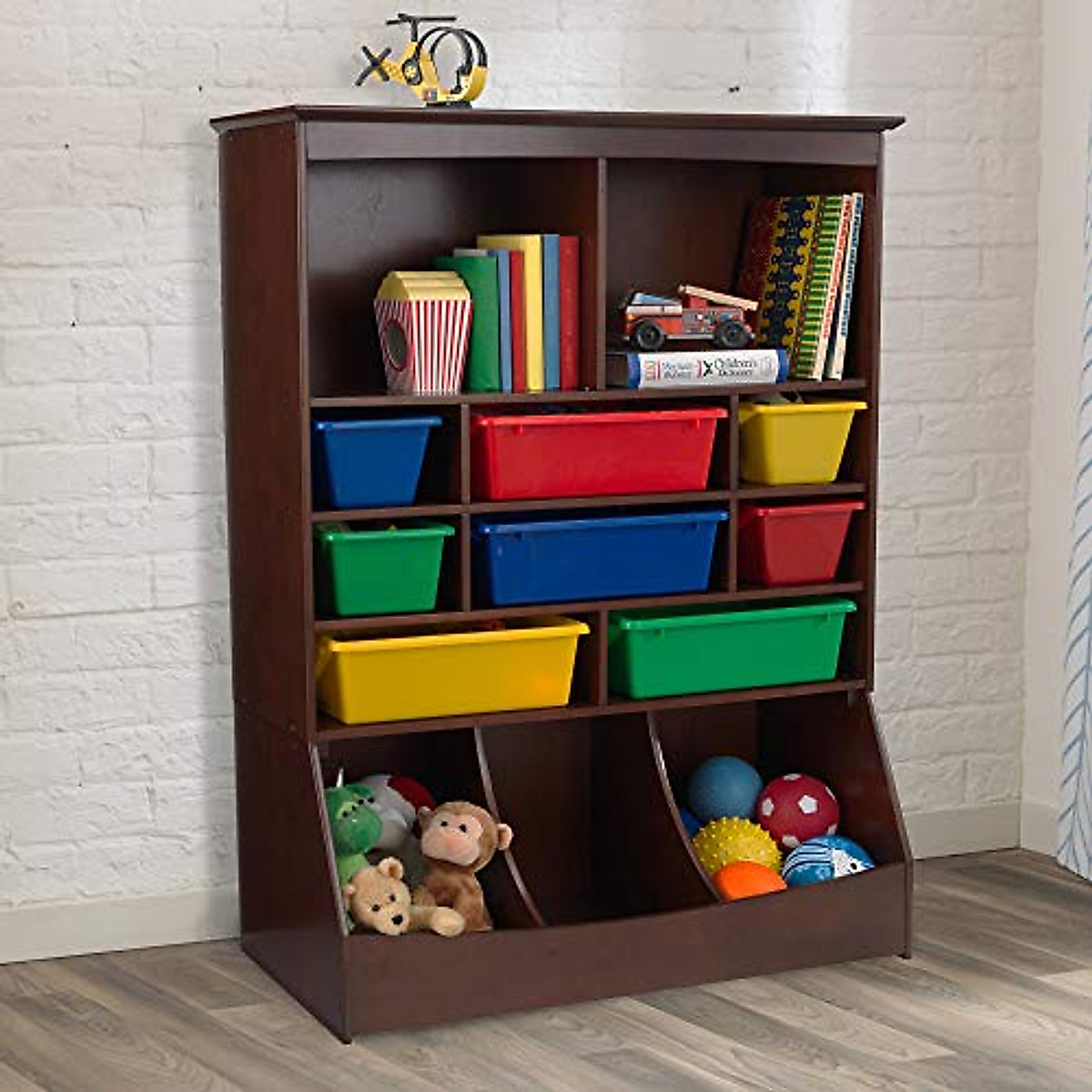 KidKraft Wooden Wall Storage Unit with 8 Plastic Bins and 13 Compartments, Espresso, Gift for Ages 3+
