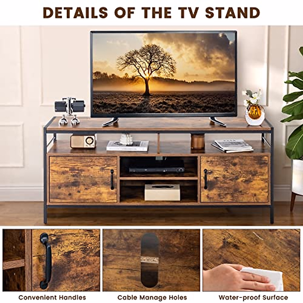 Tangkula TV Stand for TVs up to 65”, 58” TV Console Table w/Side Cabinets & Adjustable Shelf, Entertainment Center Media Console w/Cable Manage Holes, TV Storage Cabinet for Living Room (Rustic Brown)
