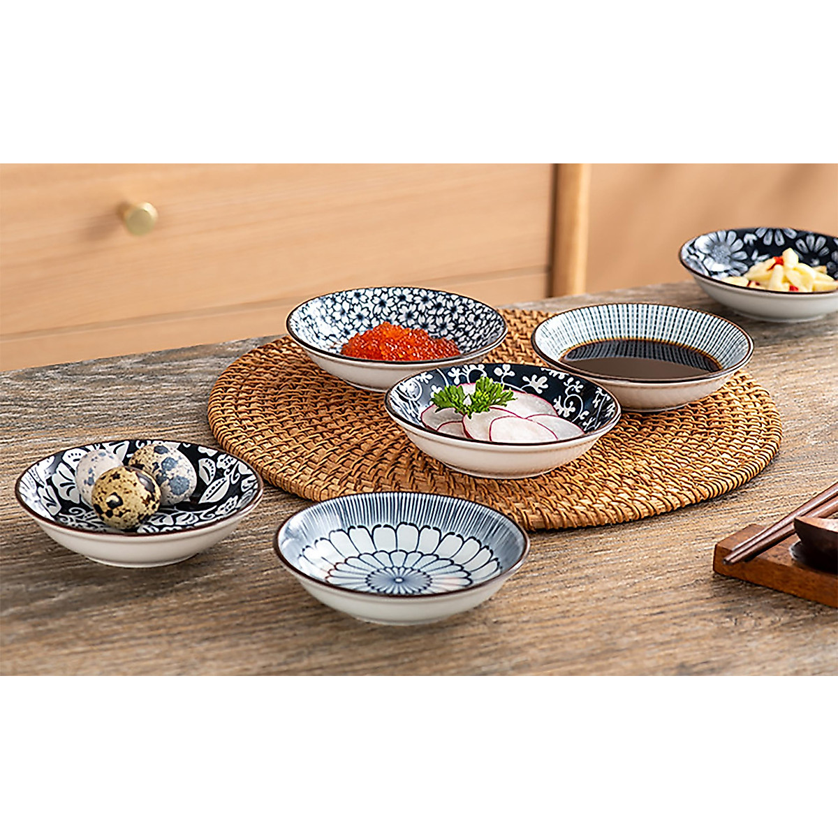 SYJAN HOME Ceramic Dipping Bowls,4 Inch Soy Sauce dish,Pinch Bowls Set of 6,Side Dishes for Snack,Sushi,Sauce,3 Oz Japanese Style Small Bowls for Side Dishes,Kitchen Prep,Vintage Blue