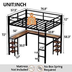 Full Size Loft Bed, Loft Bed with L-Shaped Wooden Desk and Storage Shelves, Metal Loft Bed Frame with Guardrail and Built-in Ladder, for Girls Boys Junior Adults, Space-Saving Design, Black and Brown