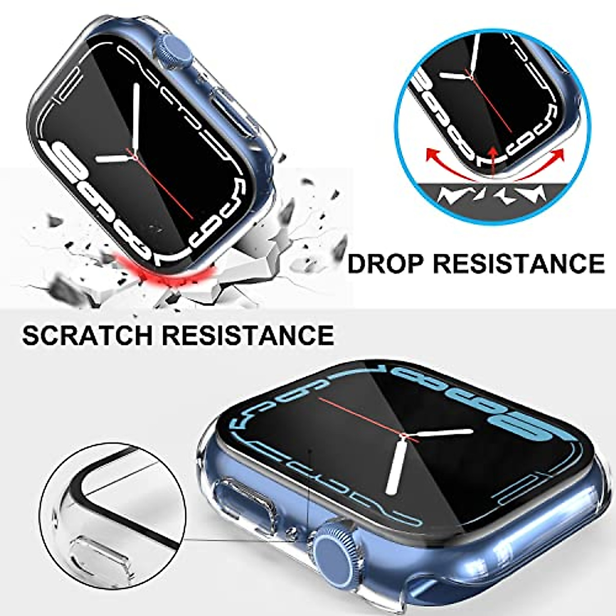 Smiling 2 Pack Case Built in Tempered Glass Screen Protector Compatible with Apple Watch Series 9 (2023)/Series 8 /Series 7 41mm, Hard PC Case Overall Protective Cover- Transparent