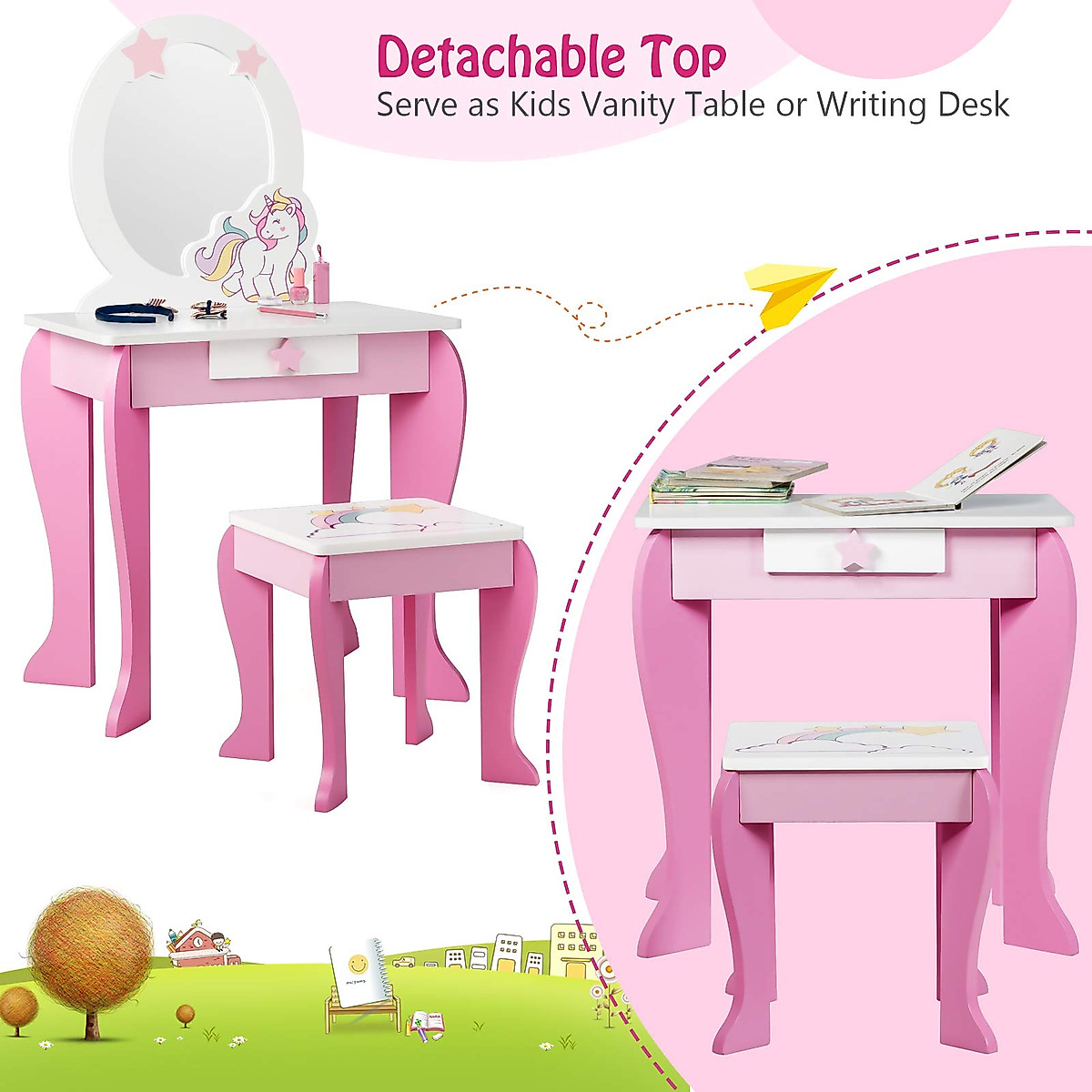 MAT EXPERT Kids Vanity Set with Stool & Mirror, Toddler Girls Pretend Play Vanity w/Detachable Mirror, Princess Dressing Makeup Table Set w/Drawer, Makeup Table and Stool Playset for Girls (Pink)