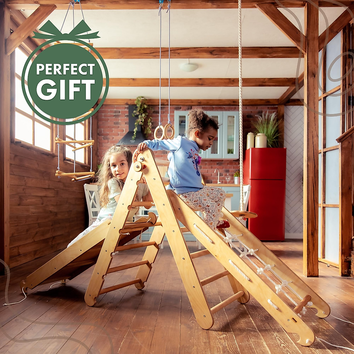 Set 3 in 1 Wooden Triangle Ladder + Climbing Net + Board Slide with Ramp, Montessori Play Gym for Toddlers - Kids Indoor Playground, Aged 6 Months to 7 Years