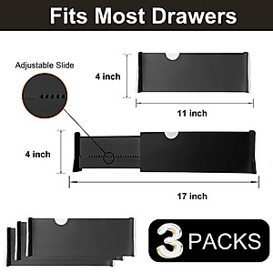 KIKILIE Kitchen Drawer Divider, 3 Pack Adjustable Dividers for Clothes, Utensils - Expandable Dresser Divider 11-17 Inch, 4'' Tall Deep Organizers Drawers Separators, Black, Pack,11-17''Long