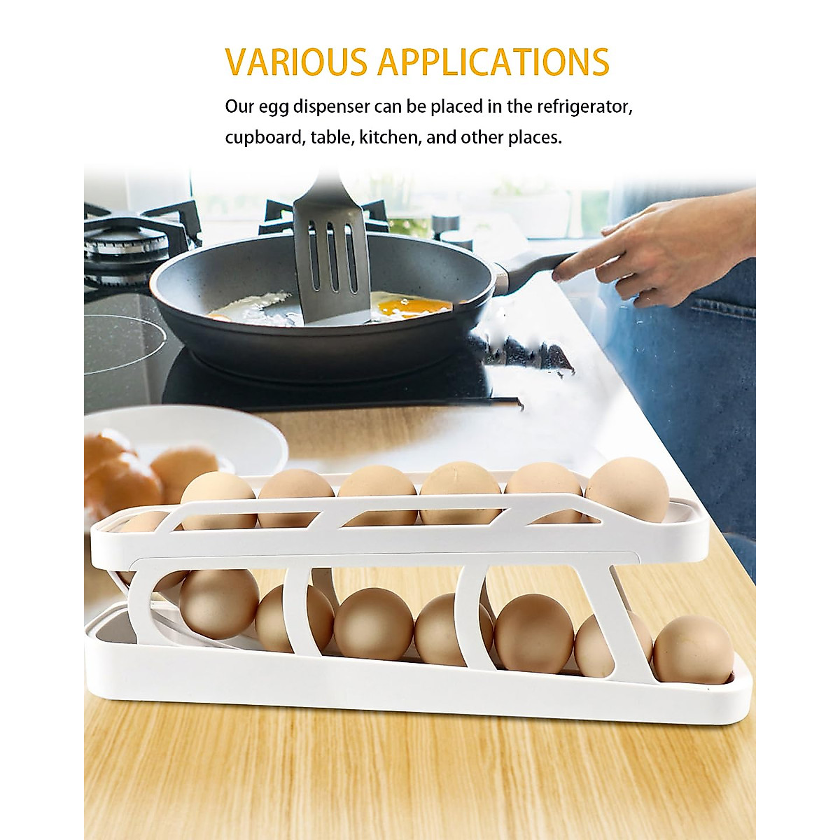 HAHOME Egg Holder for Fridge, Egg Dispenser Auto Rolling Egg Tray Storage and Organizer, Space-Saving Egg Roller for Refrigerator, White 2PCS
