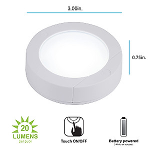 GE Wireless LED Puck Lights, 2 Pack, Battery Operated, 20 Lumens, Touch Light, Tap Light, Stick on Lights, Under Cabinet Lighting, Ideal for Kitchen Cabinets, Closets, Garage and More, 25434