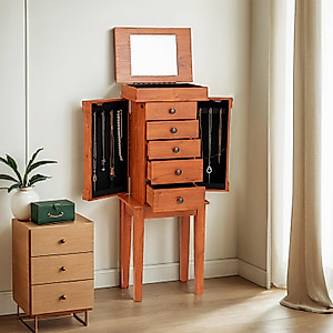 AVAWING Jewelry Cabinet Armoire with Top Flip Makeup Mirror, 5 Drawers&8 Necklace Hooks, Jewelry Storage Organizer with 2 Side Doors, Jewelry Armoire Box Chest with Top Organizer Compartment (Cherry)