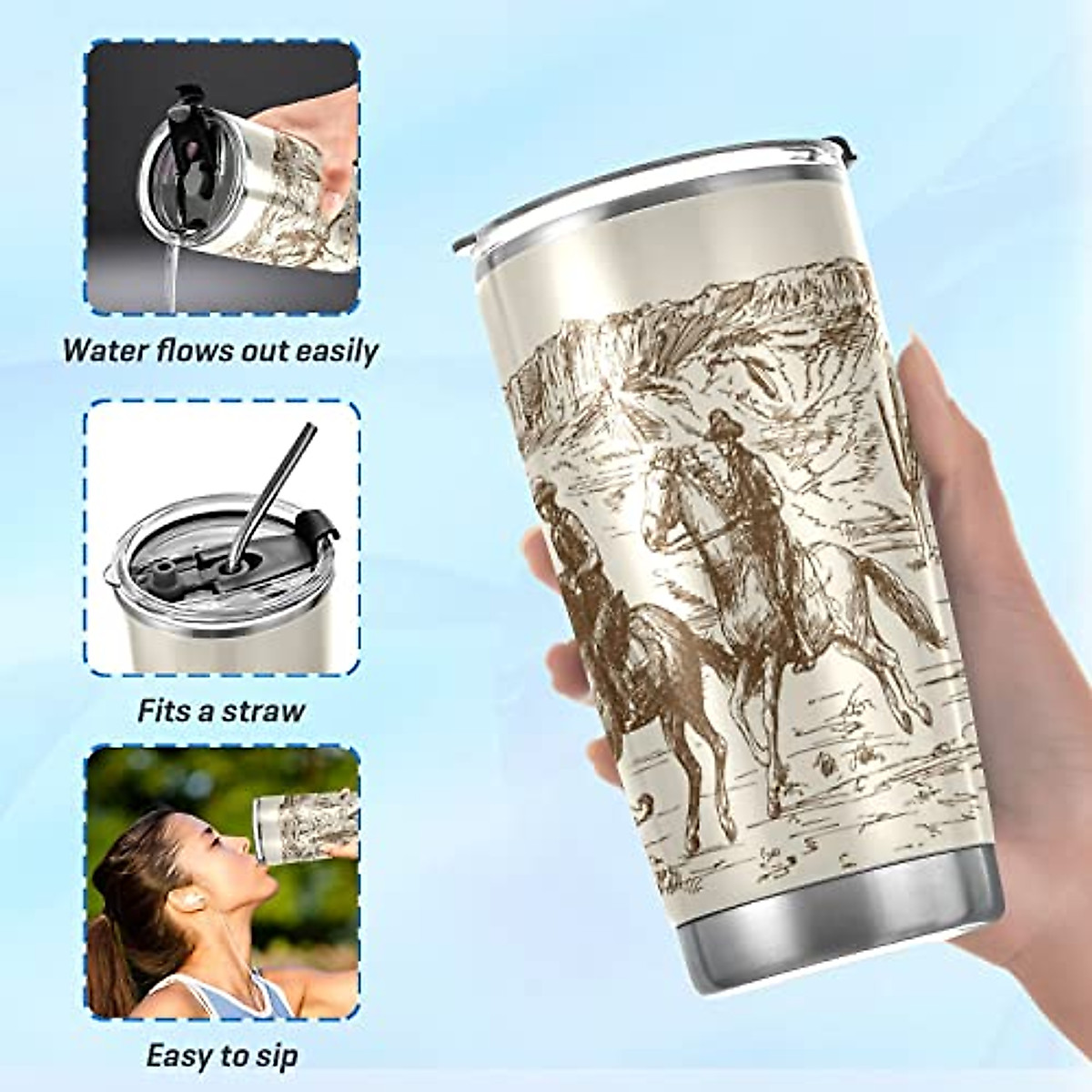 WELLDAY Western Desert Cowboy Stainless Steel Tumbler Cup with Straw & Lid Double Wall Vacuum Insulated Travel Mug Hot Cold Water Bottle Coffee Drinks Cup 20oz