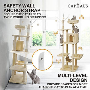 CAPHAUS 70-Inch Activity Tree with Hammock, Multi-Level Modern Cat Climbing Play Tower w Tall Top Perch, Cat Cave Condo, Indoor Cat Treew Cute Scratching Posts for Large Cats Kittens