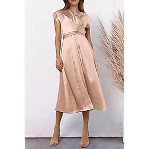 PRETTYGARDEN Women's 2023 Summer Satin Midi Dress Cap Sleeve Tie Waist Elegant A-Line Flowy Dresses (Champagne,Small)