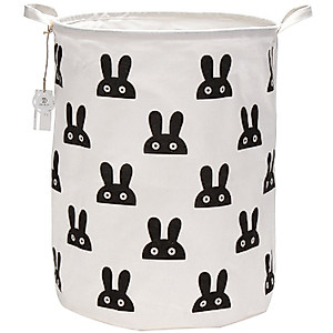 Sea Team 19.7" Large Sized Waterproof Coating Ramie Cotton Fabric Folding Laundry Hamper Bucket Cylindric Burlap Canvas Storage Basket with Cute Bunny Design (Black)