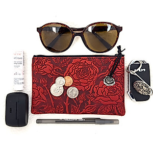 Leather 6 Inch Zipper Pouch, Wallet, Coin Purse, Hand Made in the USA by Oberon Design, Red Roses