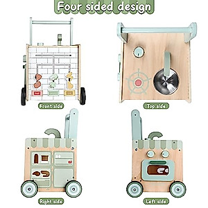 Asweets 8 in 1 Wooden Play Kitchen Baby Walker Push and Pull Learning Activity Walker for Boys and Girls with Bakery Kitchen,Shape Sorter and Movable Slider