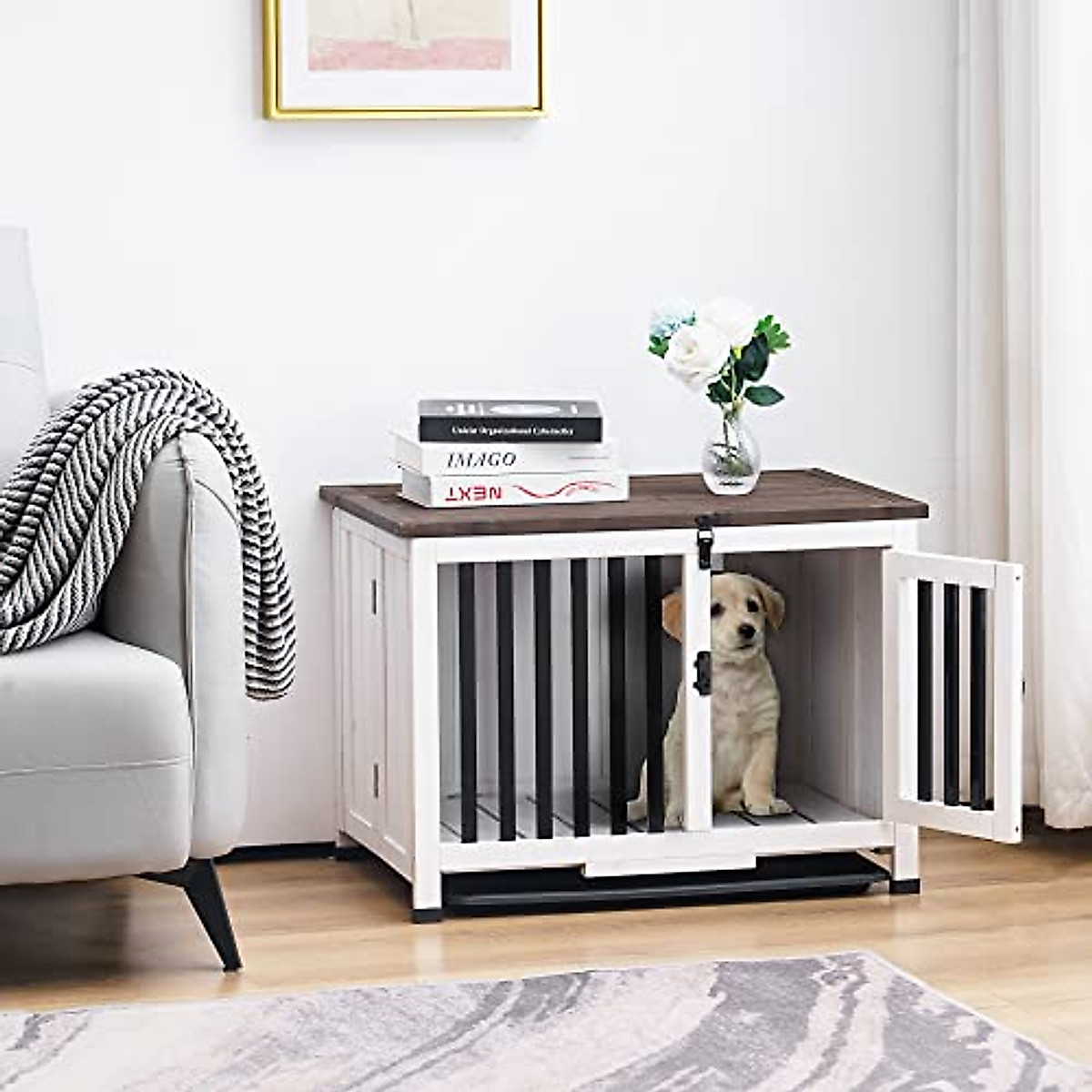 MCombo Wooden Dog Crate Furniture, Portable Foldable Dog Kennel End Table, Solid Wood Indoor Cage with Tray (Small, White and Brown)