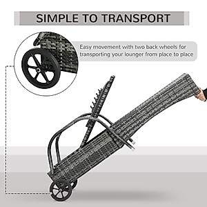 Outsunny Wicker Outdoor Chaise Lounge, 5-Level Adjustable Backrest PE Rattan Pool Lounge Chair with Wheels, Cushion & Headrest, Mixed Gray and Charcoal Gray