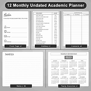 Undated Planner, 2024 Monthly & Weekly Academic Planner Kit, Feela A5 Daily Student Notebook, School Supplies with Highlighters, Note Stickers, Fineliner Pens, Lasts 1 Year, Gray