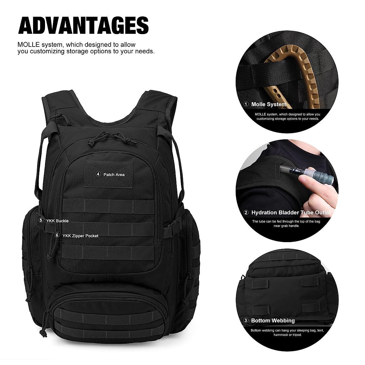 Mardingtop 25L Tactical Backpacks Molle Hiking daypacks for Camping Hiking Military Traveling Motorcycle Black