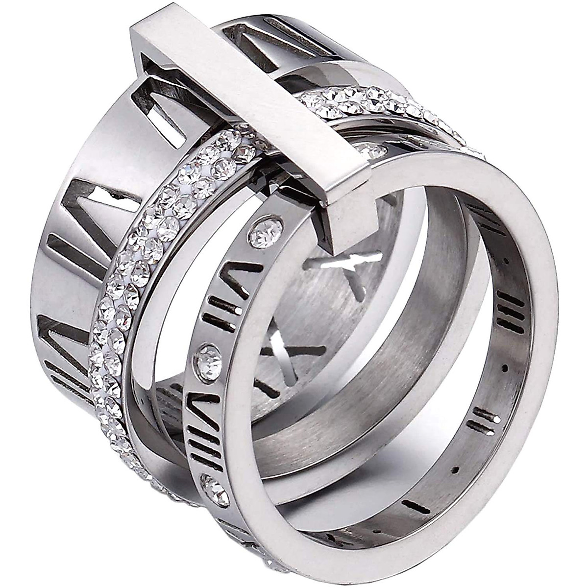 Jarlinwel Stainless Steel CZ Zirconia Roman Numeral Ring For Women Girls 3 in 1 Spinner Rings (Silver, 7 Runs small)