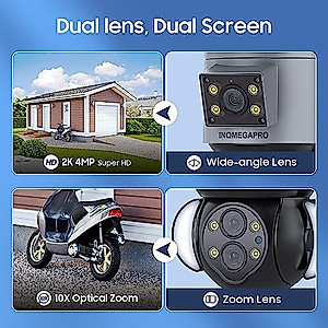 4MP Security Camera Outdoor, 10X Optical Zoom,Dual-Lens Wifi Wireless Camera,360° Pan/Tilt/Zoom Security Camera System with Motion Tracking, Two-Way Talk,Siren Alarm, Color Night Vision,Dual Screen