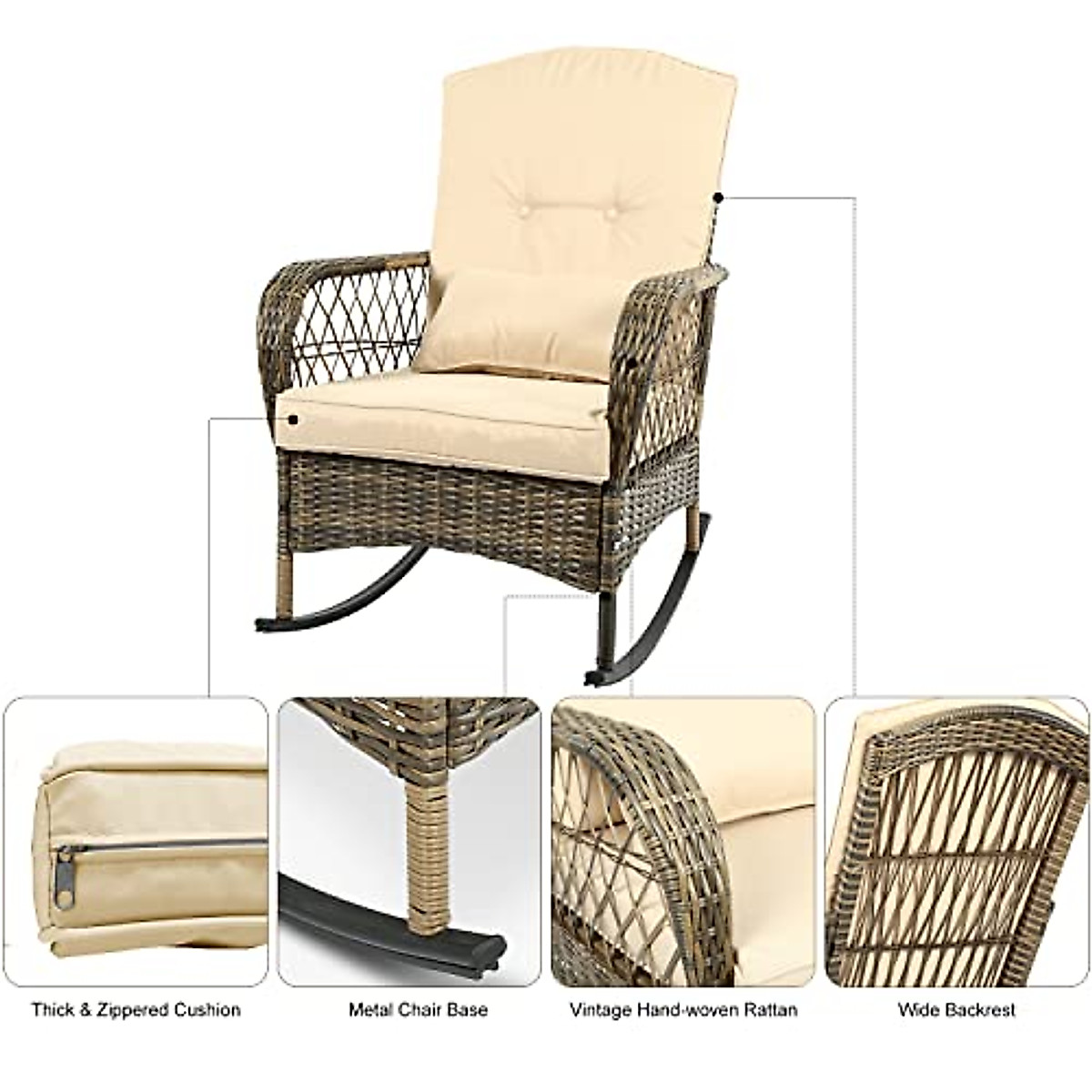 CIRMUBUY 3-Piece Patio Furniture Set,Outdoor Rocking Chairs Set of 2, Patio Conversation Set with 2 Wicker Chairs with Glass Coffee Table and Cushions for Garden,Porch,Backyard, Bistro (Beige)