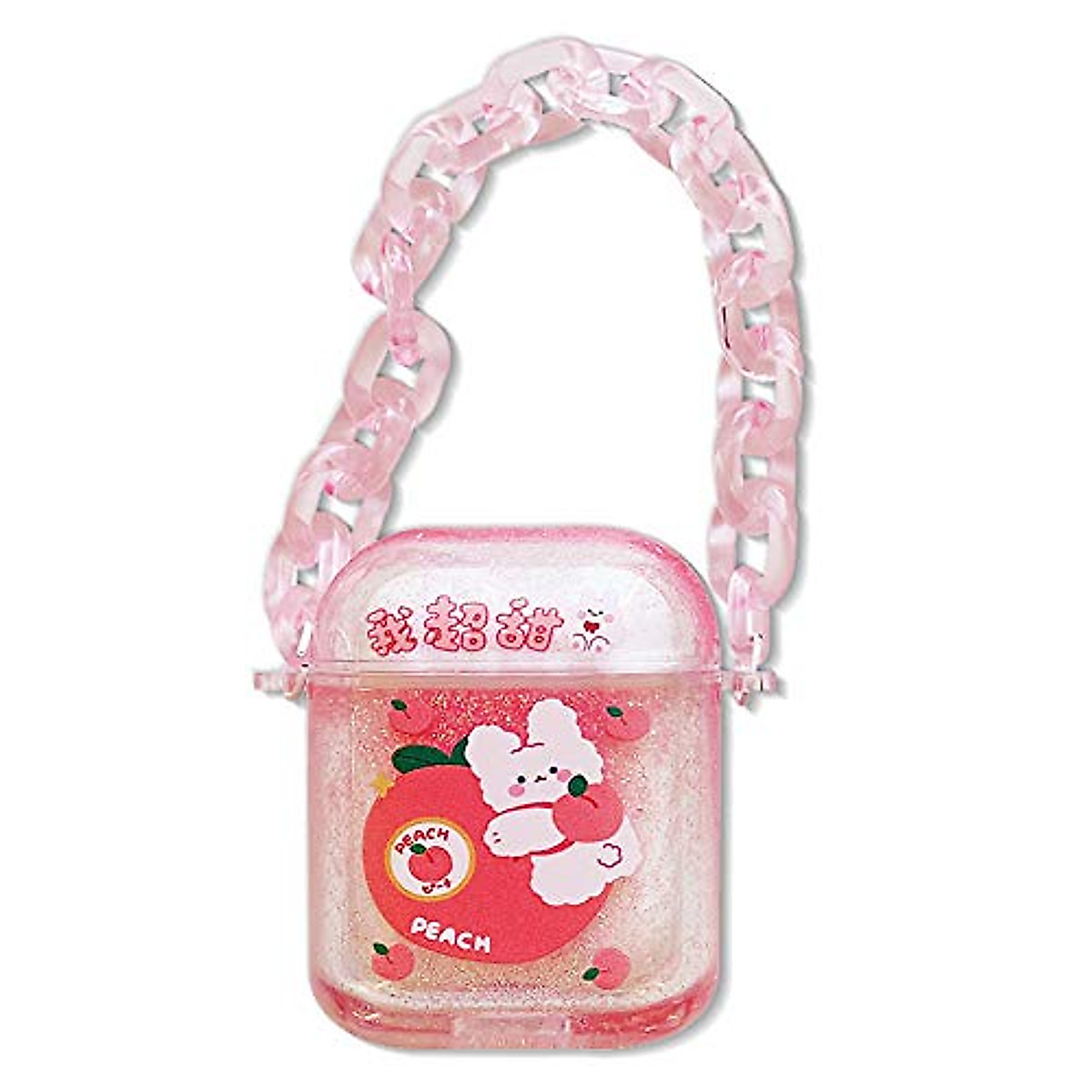 SGVAHY Cute AirPod Case for Apple AirPods 1&2 Kawaii Clear Liquid Sequins AirPod Case Cover Silicone Protective AirPod Case 1st 2nd Generation Wireless Charging Box with Color Chain (Bunny Peach)