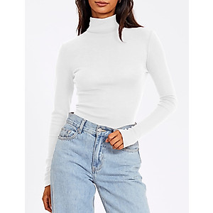 Trendy Queen Women's Thermal Underwear Turtleneck Long Sleeve Shirts Mock Neck Tops Tight Stretch Pullover Basic Layering Fall Winter Clothes 2024 White