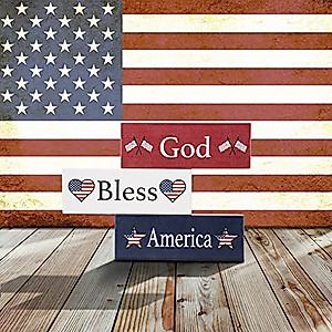 JennyGems God Bless America Wooden Block Sign Set, Patriotic Decor for Shelf, Table or Tiered Tray, Americana Made in USA
