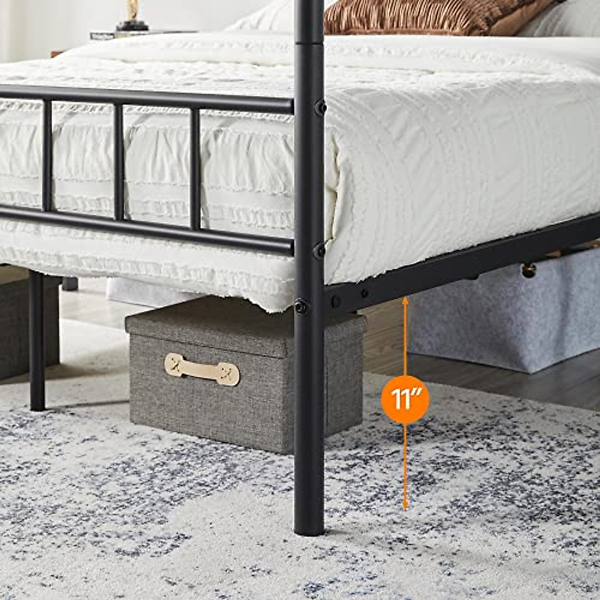Yaheetech Metal Canopy Platform Bed Frame Four-Poster Canopied Bed Mattress Foundation with Headboard and Footboard Sturdy Slatted Structure No Box Spring Needed Easy Assembly Queen Black
