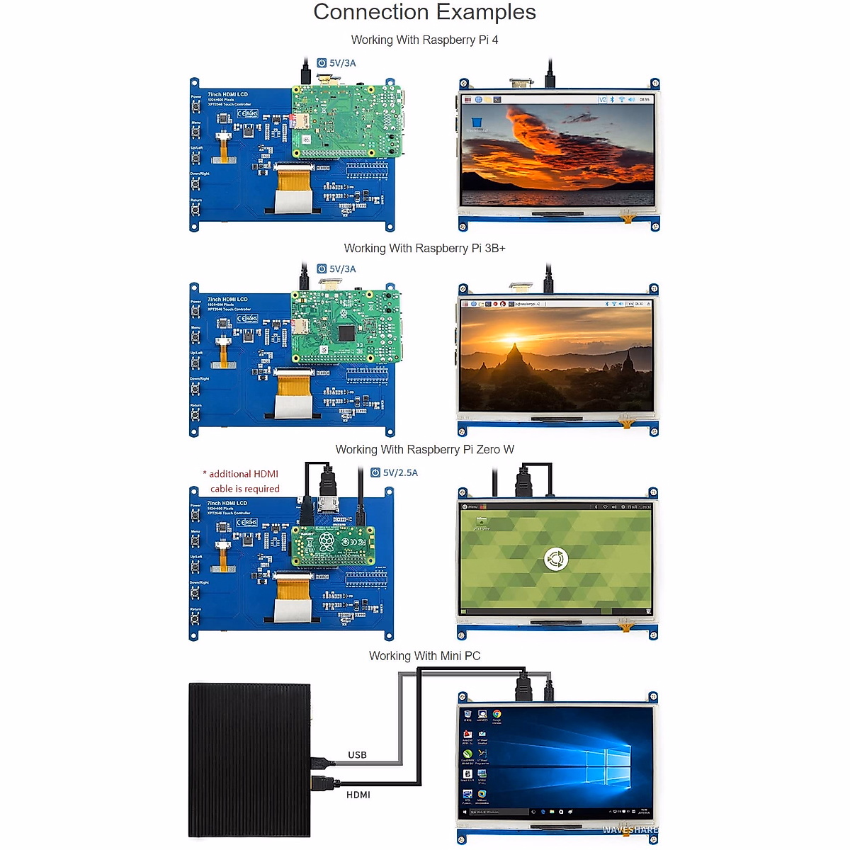 waveshare 7inch Resistive Touch Screen LCD Compatible with Raspberry Pi 4B/3B+/3A+/2B/B+/A+/Zero/Zero W/WH/Zero 2W CM3+/4 Series Boards 1024×600 Resolution HDMI IPS Supports Windows