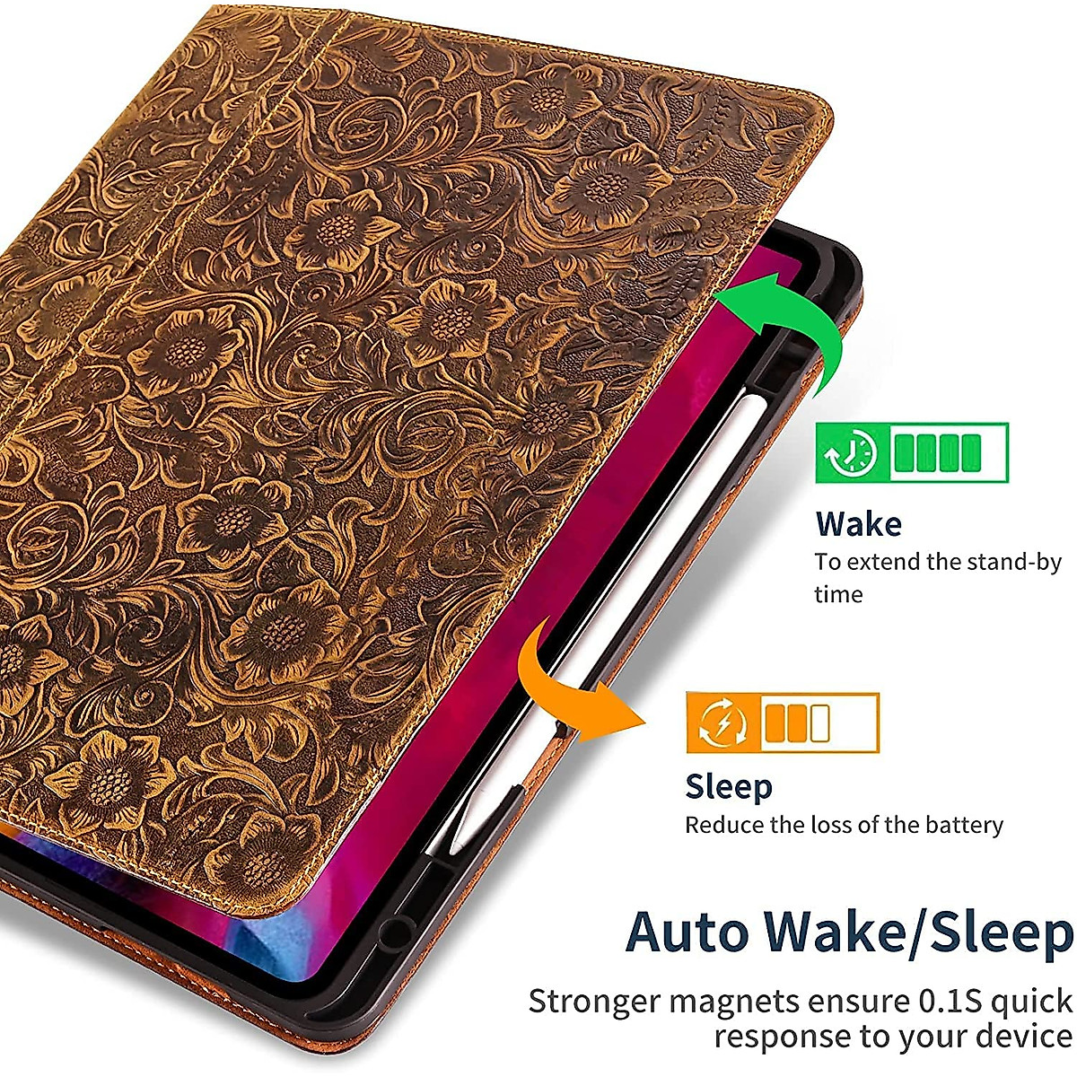 Gexmil Leather Case for iPad 10th Generation 2022, iPad 10.9 Inch,Genuine Leather Cover,Made from Real Leather Cowhide Unique Grain Cover,with Pencil Holder,Flower Brown