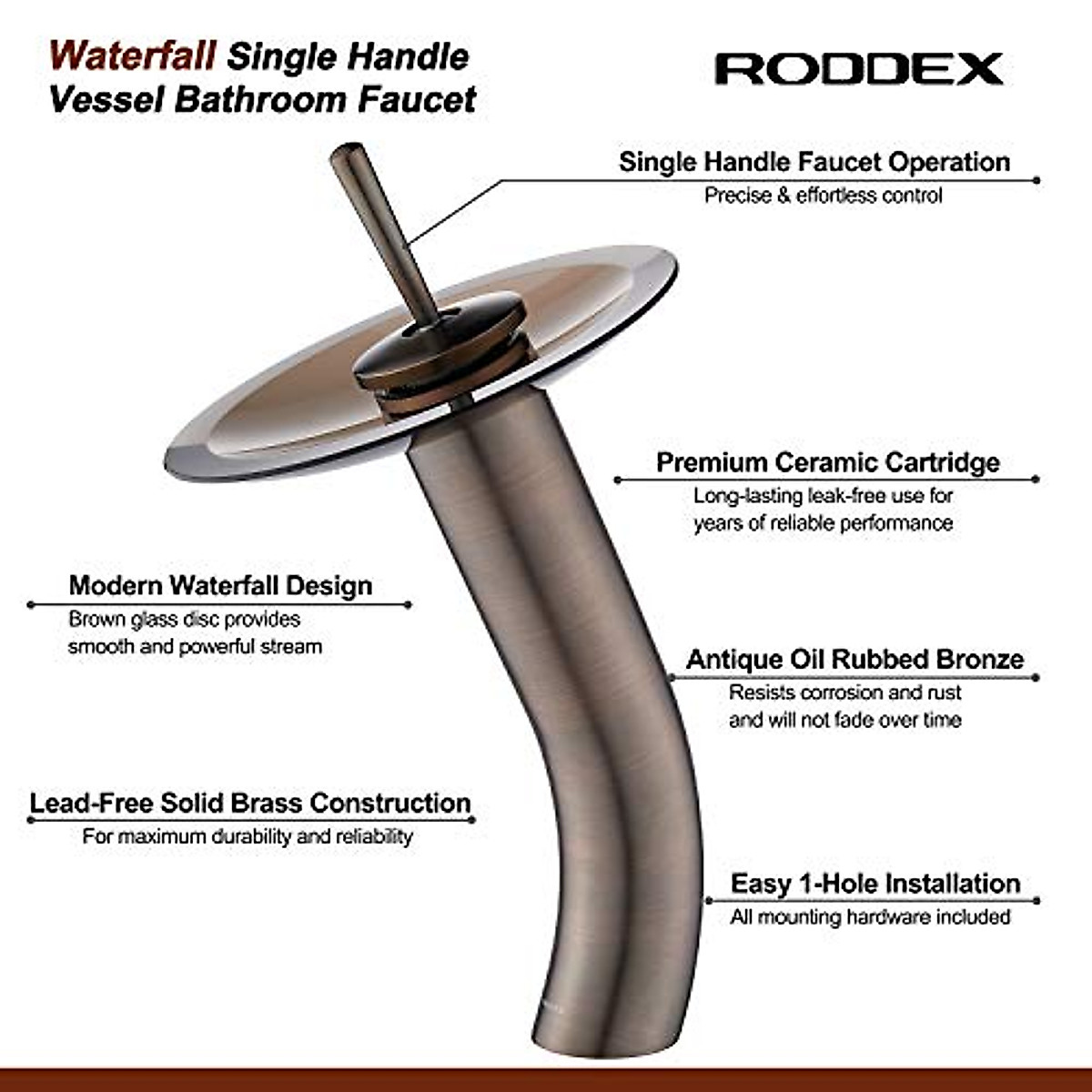 RODDEX Waterfall Bathroom Faucet Glass Single Handle Solid Brass Basin Lavatory Vessel Sink Vanity Faucet, Tall, Oil Rubbed Bronze …