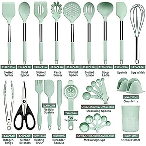 QMVESS Silicone Kitchen Utensil Set, 28 Pcs Non-Stick Cooking Utensils Set with Holder, Tongs, Spatula, Whisk, Measuring Cups and Spoons Set with Stainless Steel Handle Kitchen Gadgets (Light Green)