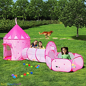 LimitlessFunN 4pc Princess Kids Pop Up Play Tent, Crawl Tunnel, Ball Pit | Includes Star Lights & Carrying Case |, Children Indoor Castle Playhouse for Girls, Toddlers, 47" D x 126" W x 53" H