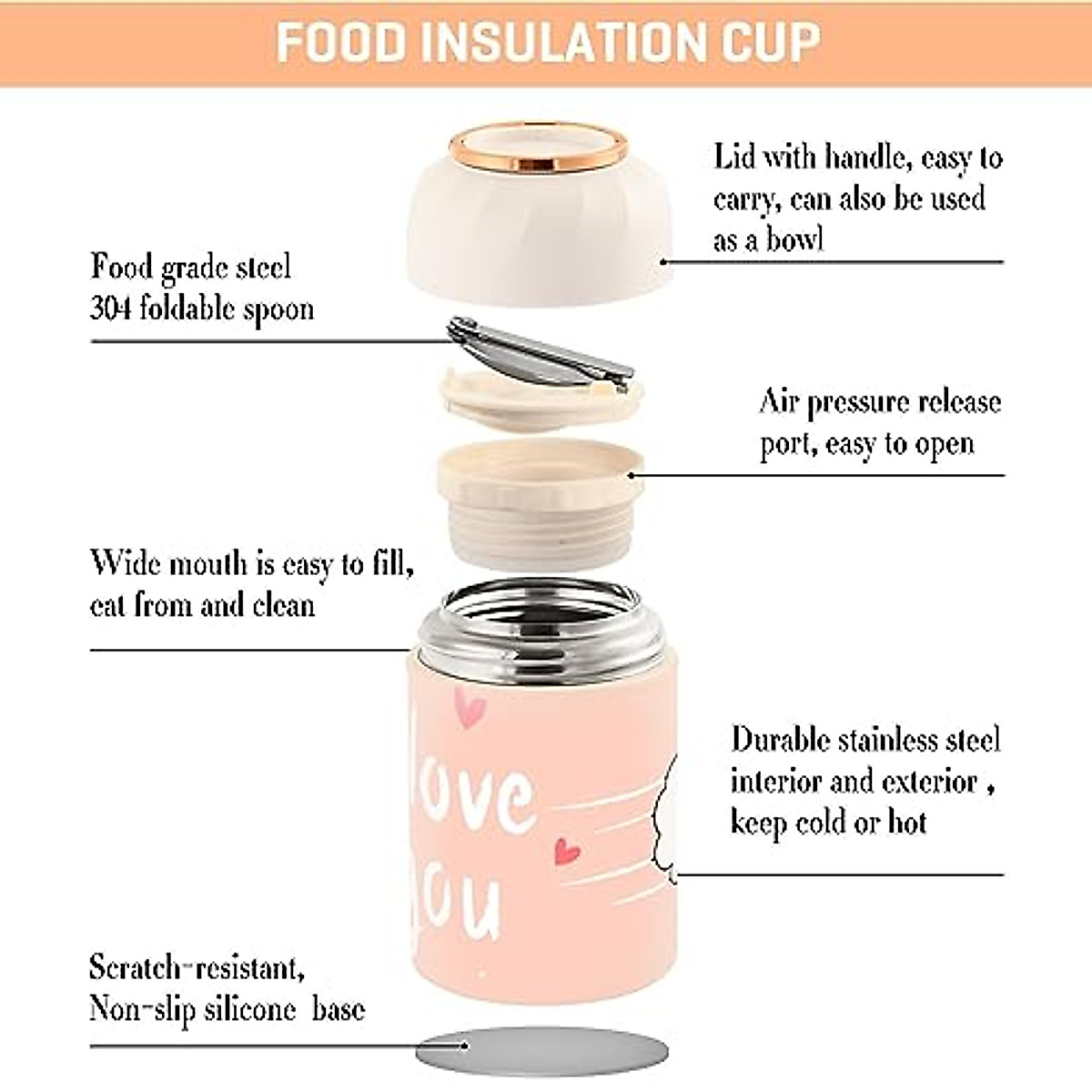 CUPADA I Love You Food Jar for Hot and Cold, Valentines Cat Paw Insulated Food Jars Vacuum 17OZ with Folding Spoon for Work Trip Picnic Camping