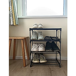 LNYZQUS Upgrade 4-Tier Small Shoe Rack, Metal Stackable Kids Shoe Shelf Storage Shoe Stand Organizer for Closet Entryway Hallway,Zapateras Organizer for Shoes(Black)