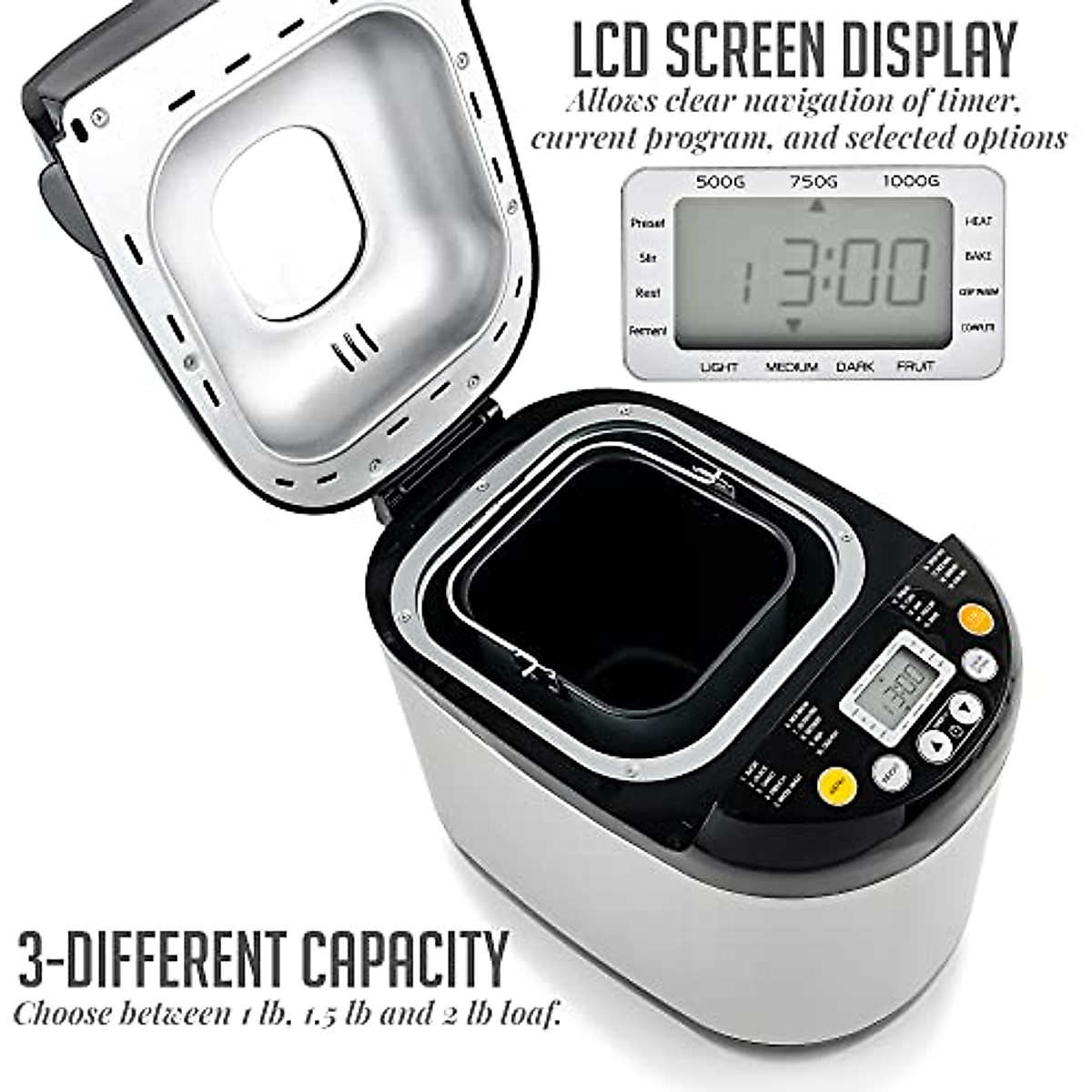 OVENTE Bread Maker Machine with Gluten Free Setting, 19 Preset Menu, Digital Display and Nonstick Baking Pan, Perfect for Homemade Loaf, Sourdough, Wheat, Dough, Black BRM5020B